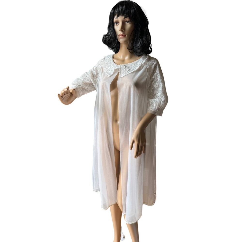 1960s Vintage Off White Sheer Robe Nightgown Lace Emb… - Gem